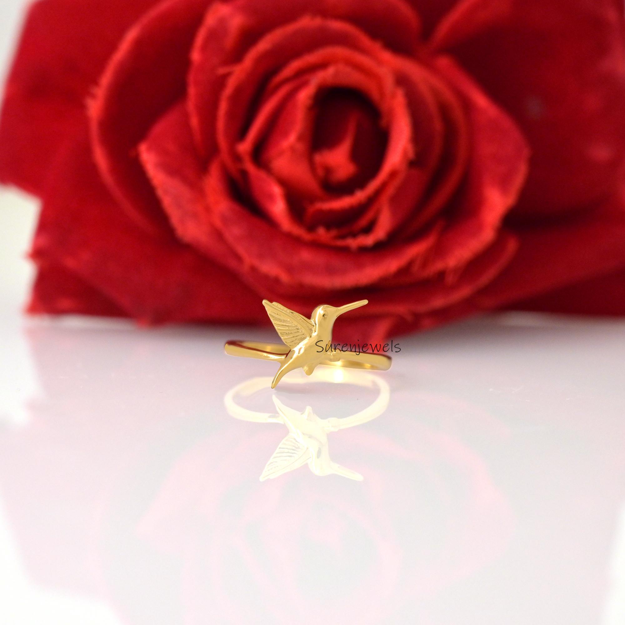 14k Gold Hummingbird Ring, Dainty Bird Ring - Etsy
