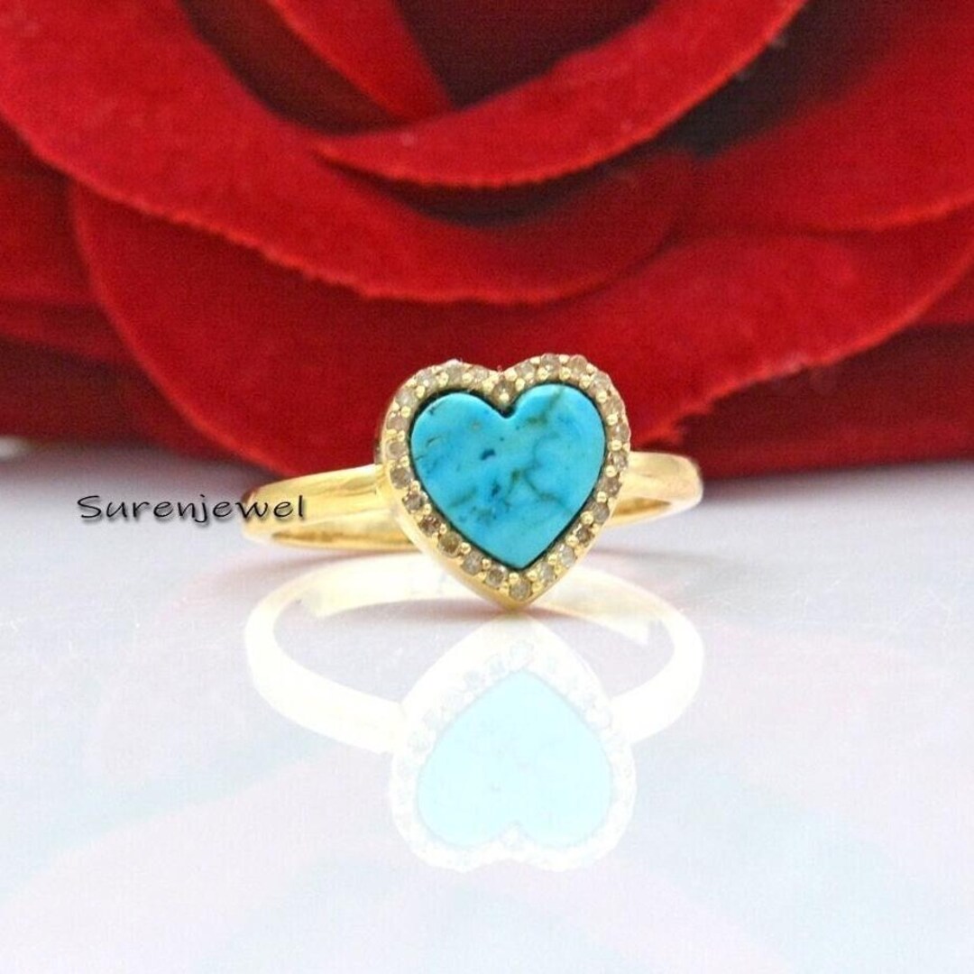 14K Gold Turquoise Heart Ring With Diamond Side Stone - Etsy