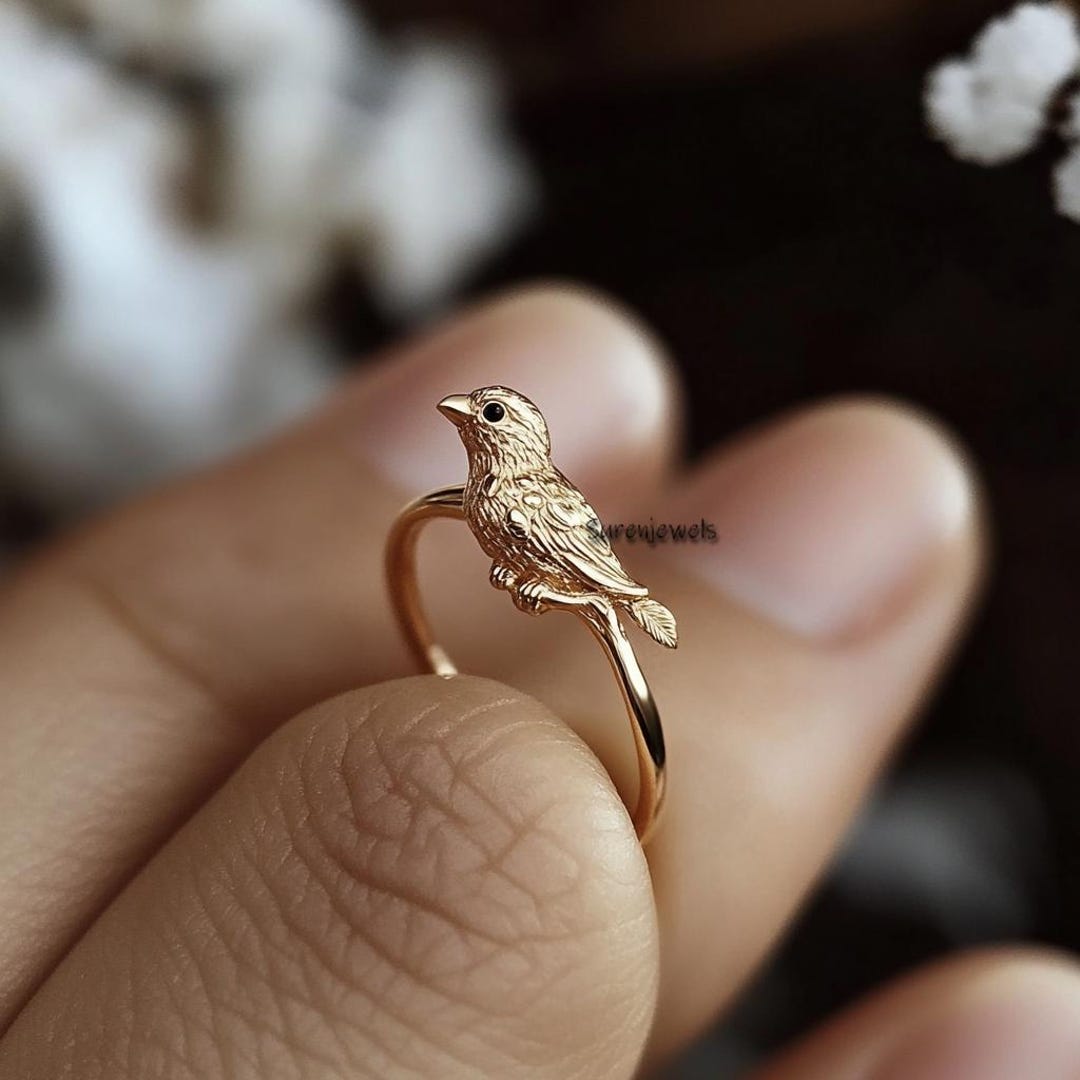 14k Gold Parakeet Ring: Dainty Bird Jewelry - Etsy