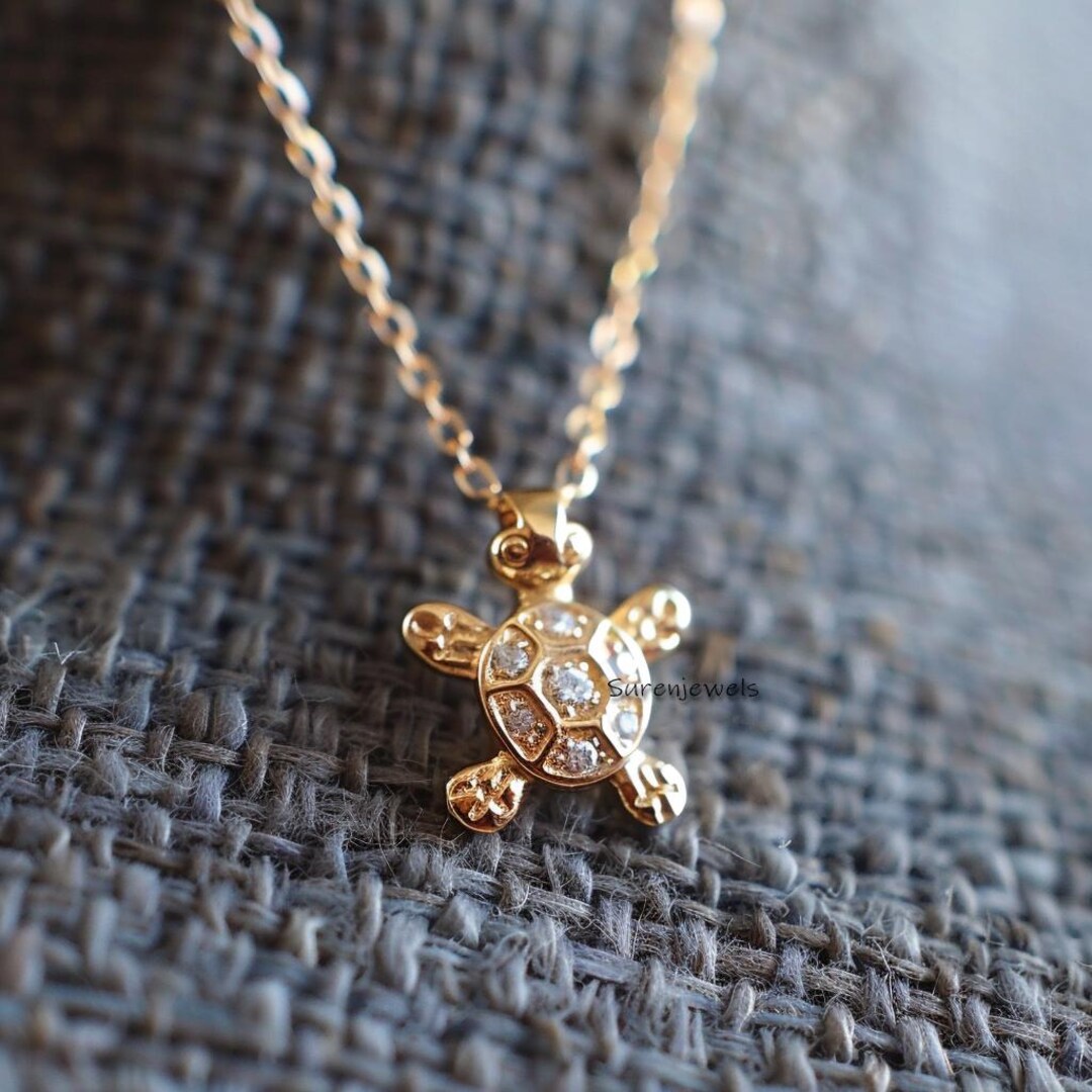 Solid 14k Gold Diamond Turtle Pendant, Gold Diamond Petite Sea Turtle ...