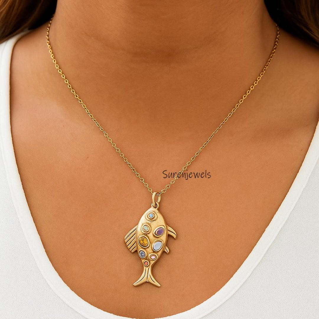 14k Gold Multi Gemstone Fish Pendant - Handmade Artisan Jewelry - Etsy