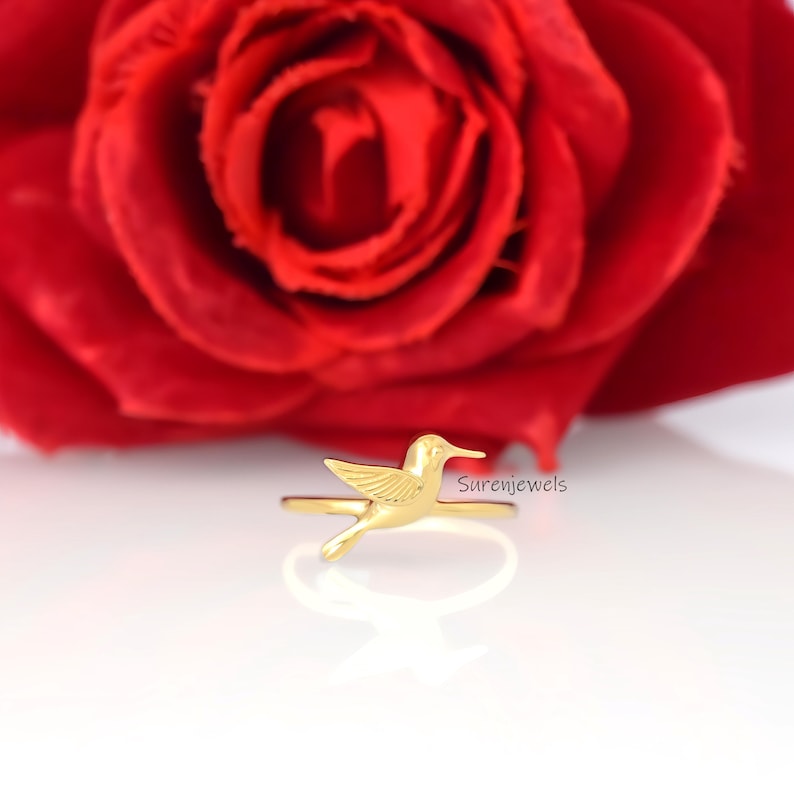 14k Gold Hummingbird Ring, Dainty Bird Ring - Etsy