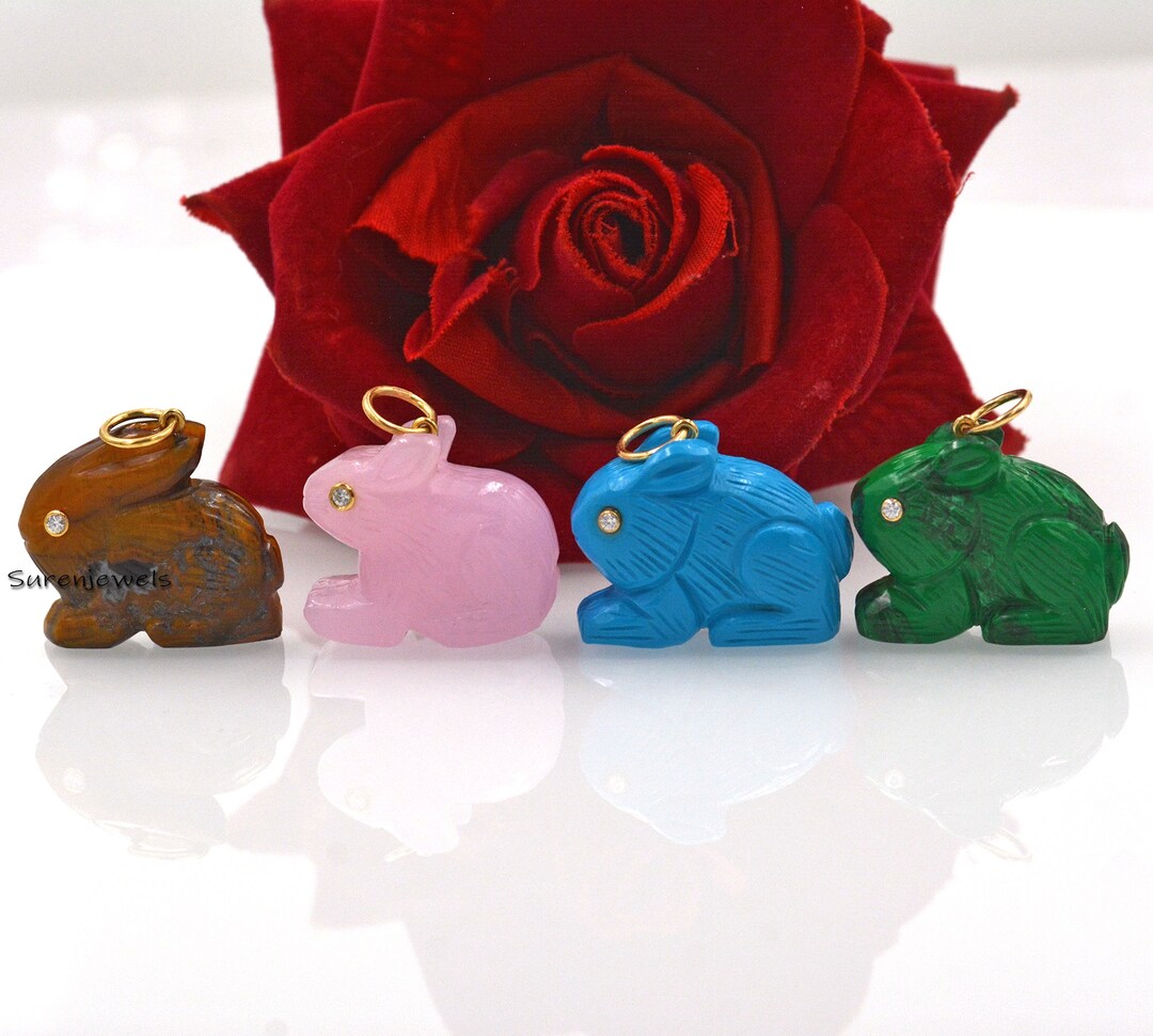 14K Gold Gemstone Rabbit Charm, Gemstone Carving Bunny Pendant ...