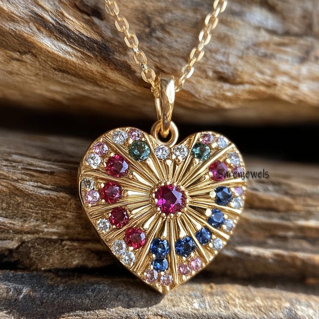 14K Gold Fluted Heart Pendant: Multi Gemstone Sunburst Design - Etsy