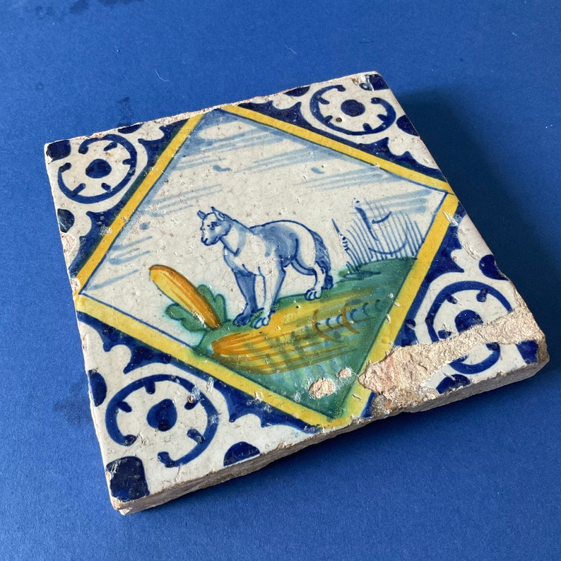 Very Early Delft Kwadraat Tile (quadrant or Lozenge Tile) of a Wolf ...