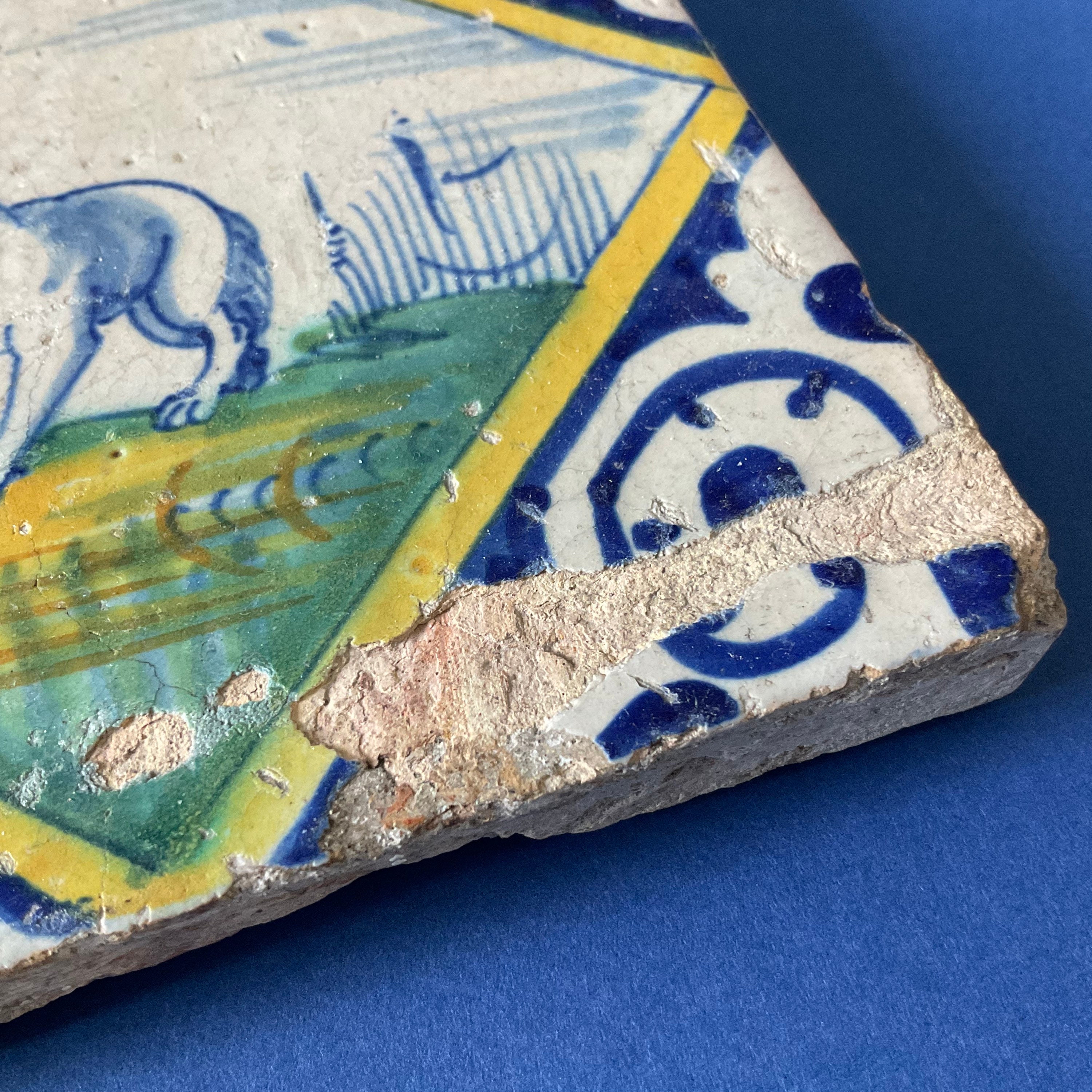 Very Early Delft Kwadraat Tile (quadrant or Lozenge Tile) of a Wolf ...