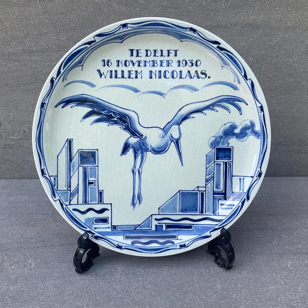 Unique Porceleyne Fles Art Deco Delft Wall Plate, Birth Plate With ...