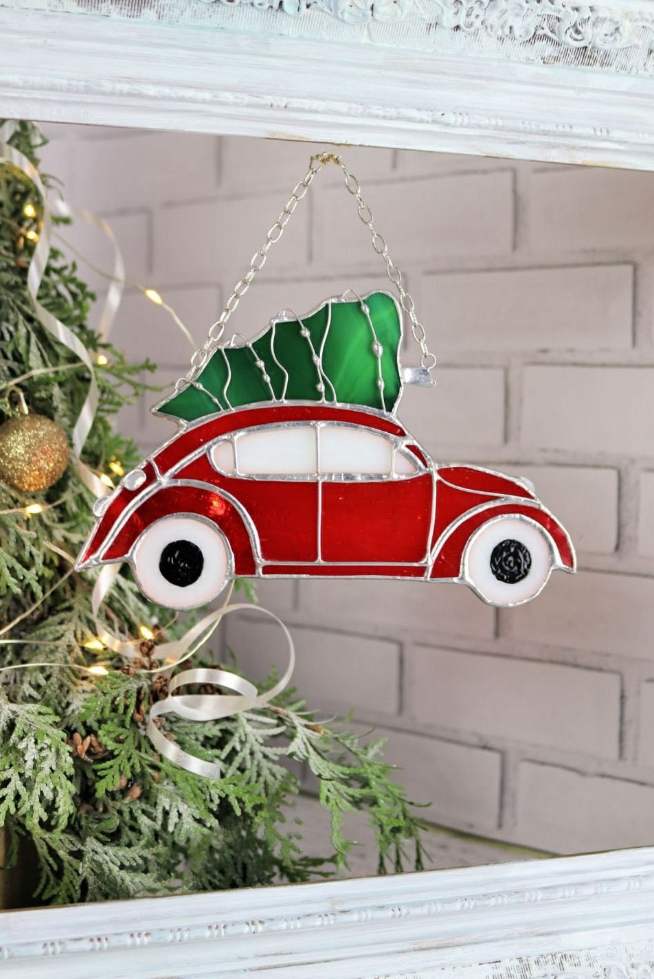 Stained Glass Car and Christmas Tree Decor Hand Made Glass Decor ...