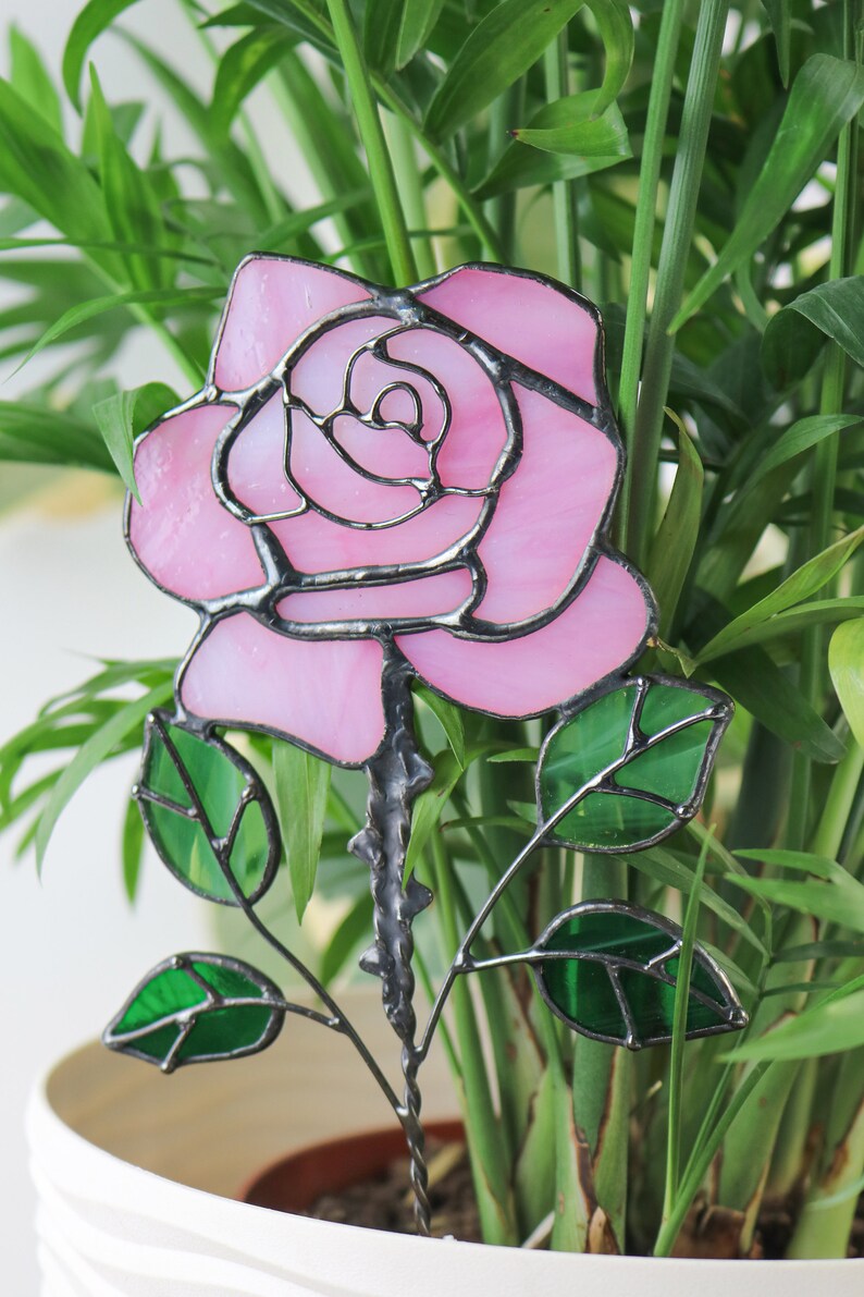 Plant Stake Pink Rose Decor in a Flowerpot Rose Stained Glass | Etsy