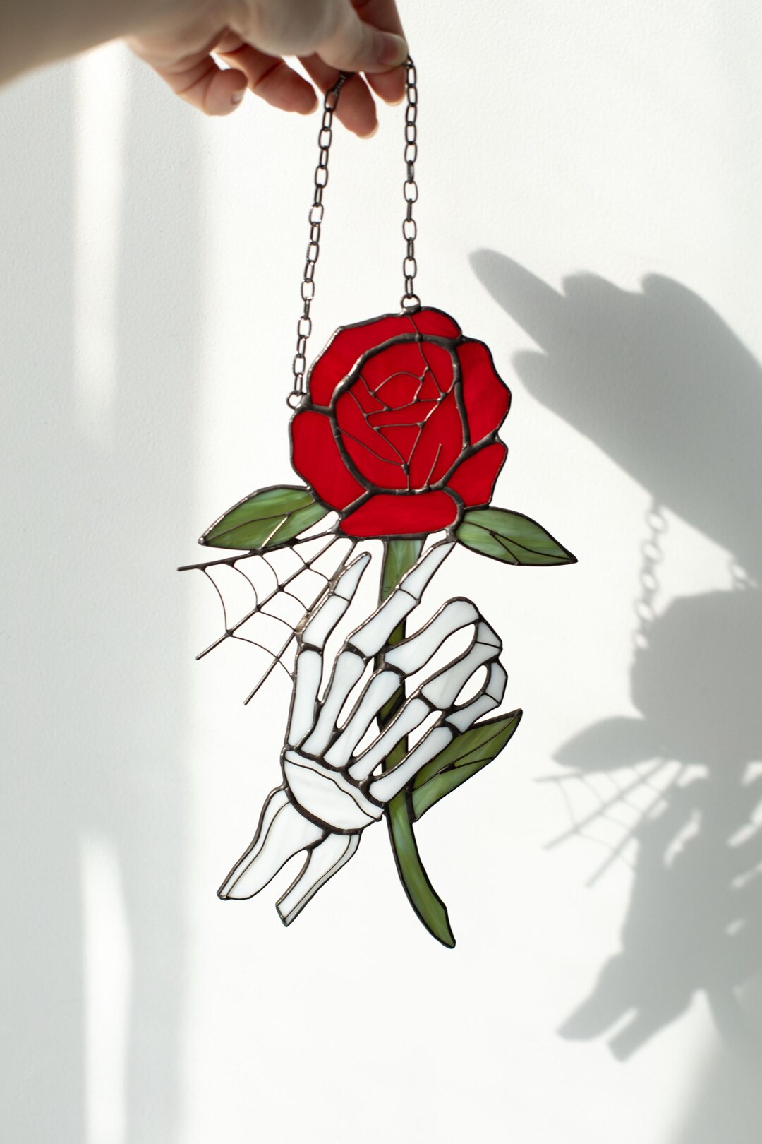 Suncatcher Skeleton Hand With Rose Stained Glass Flower Gothic Home ...