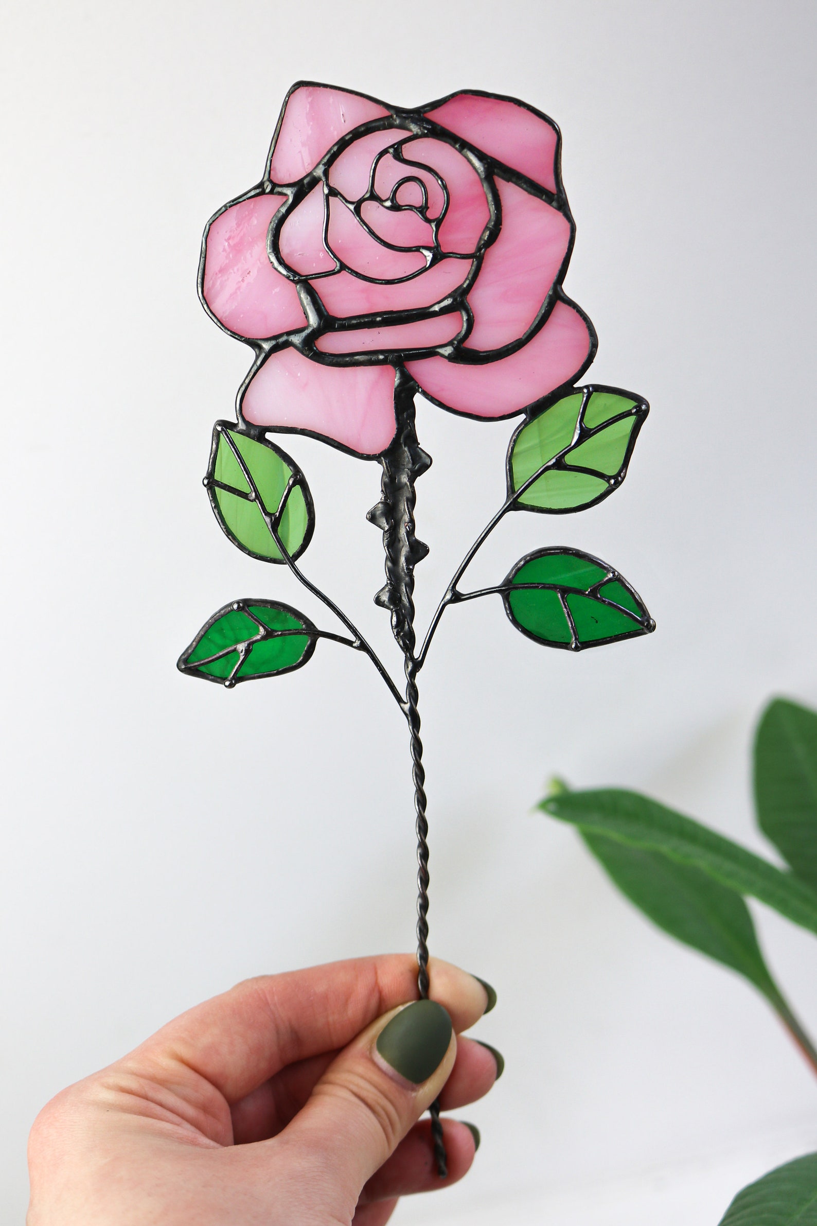 Plant Stake Pink Rose Decor in a Flowerpot Rose Stained Glass | Etsy