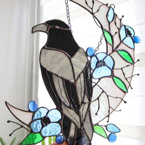 Suncatcher Crow Moon and Flowers Stained Glass Crow Moon Decor Wall ...