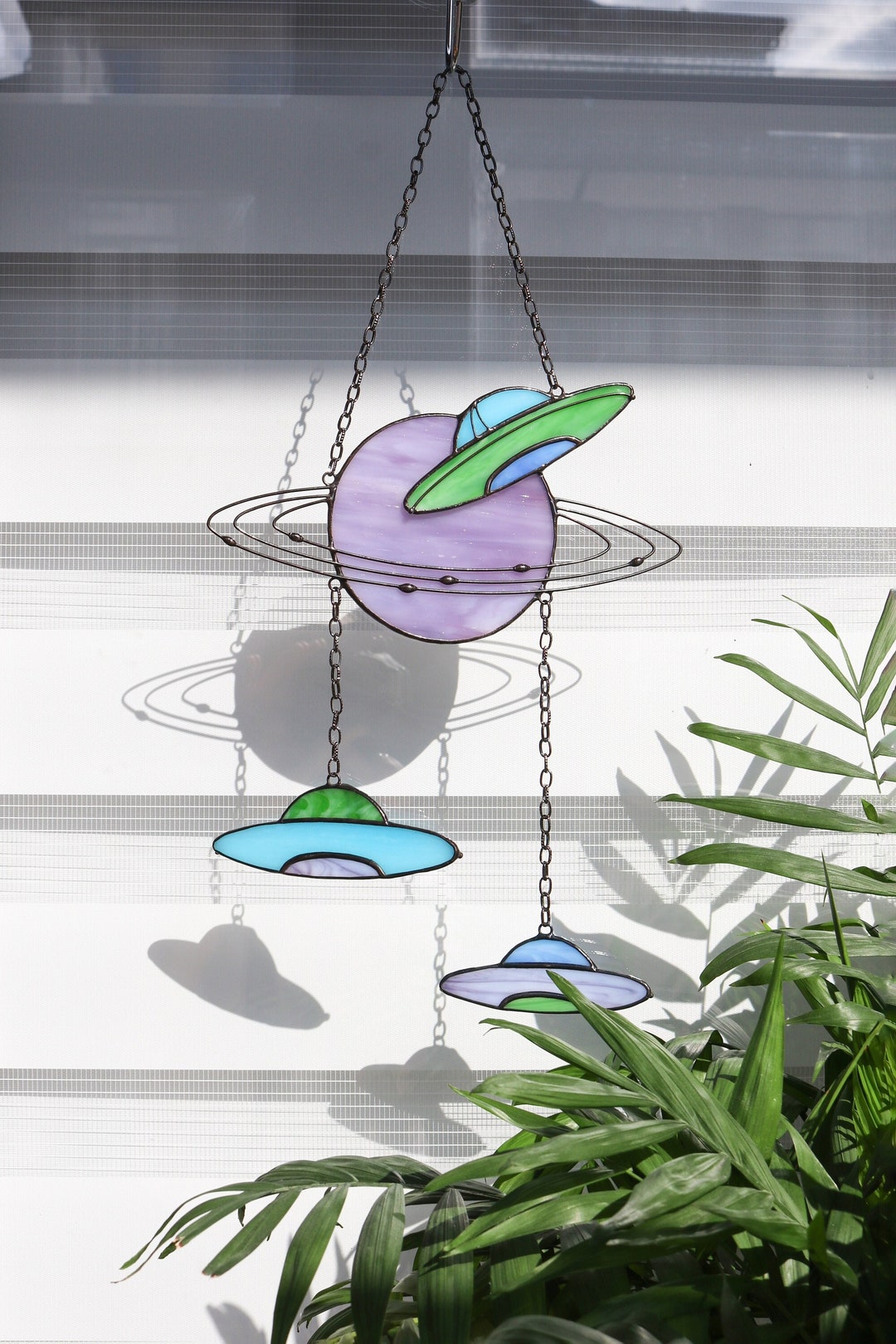 Dreamcatcher UFO and Saturn Stained Glass Decor Suncatcher UFO Window Panel Wall Decor for a ...