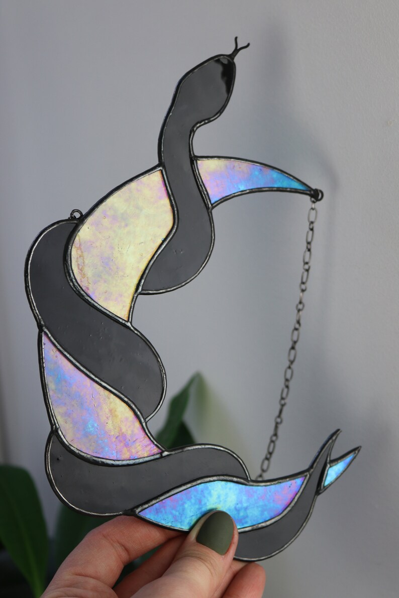 Suncatcher Moon and Snake Stained Glass Blue Moon Snake | Etsy