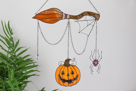 Dreamcatcher Pumpkin Witch's Broom Spider Stained Glass - Etsy