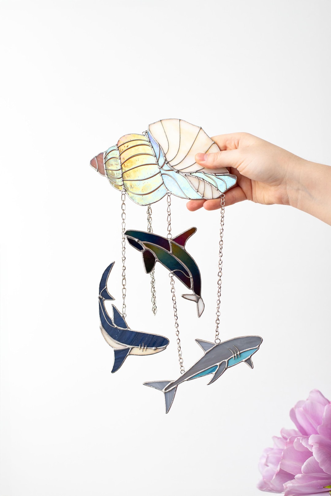 Sun Catcher Shell Shark Whale Stained Glass Unique Home Decor Sea Shell ...