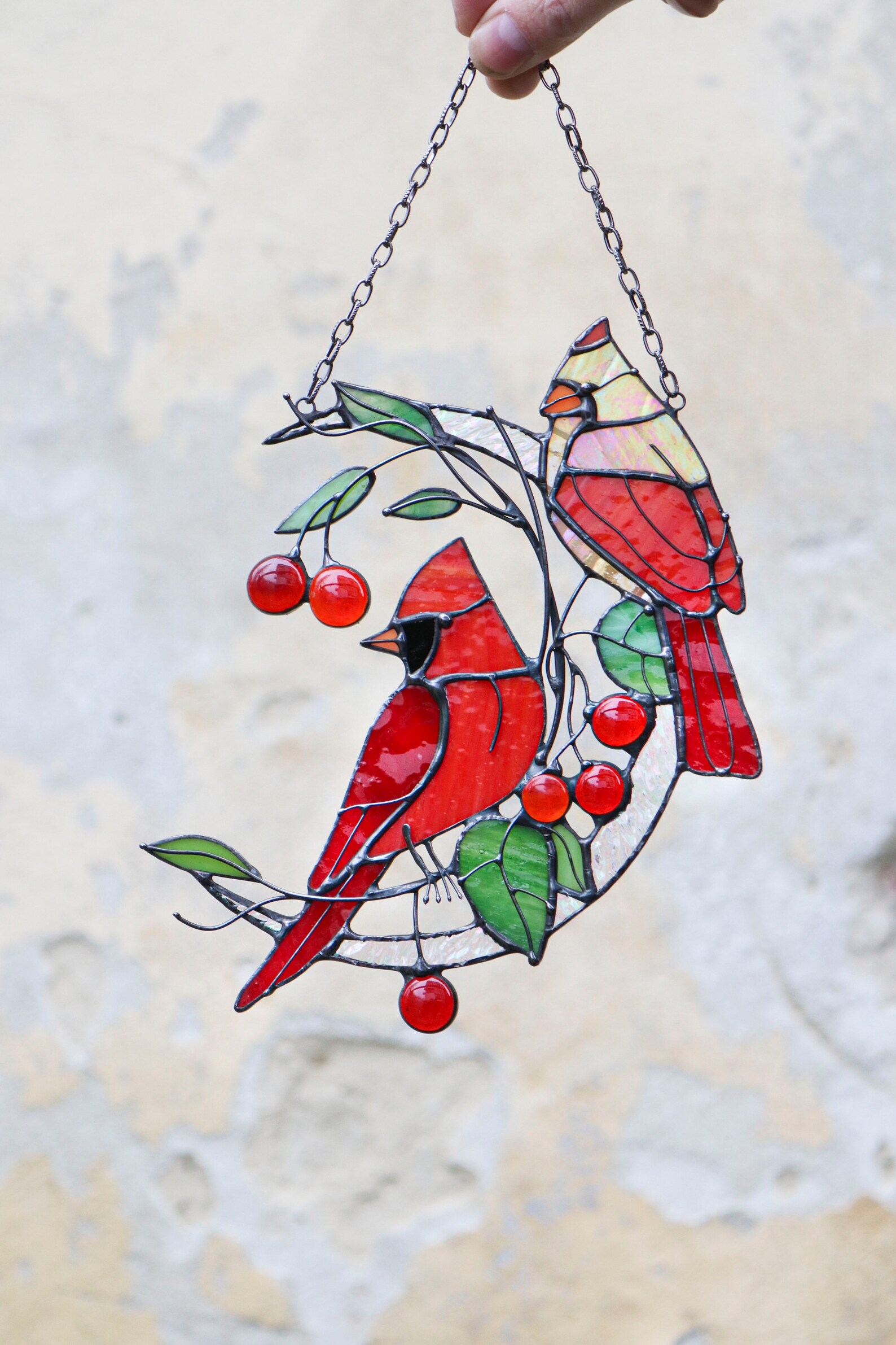 Suncatcher Cardinals Birds Moon Cherry Stained Glass Art Wall Home ...