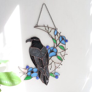 Suncatcher Crow Moon and Flowers Stained Glass Crow Moon Decor Wall ...