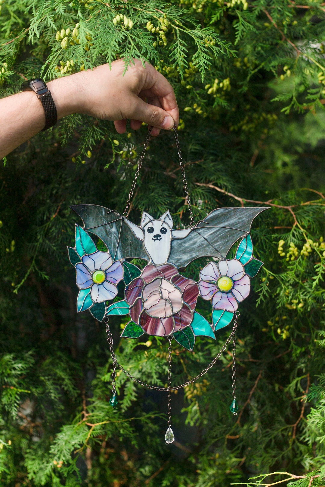 Dreamcatcher Bat With Flowers Gothic Hallowen Decor Stained - Etsy