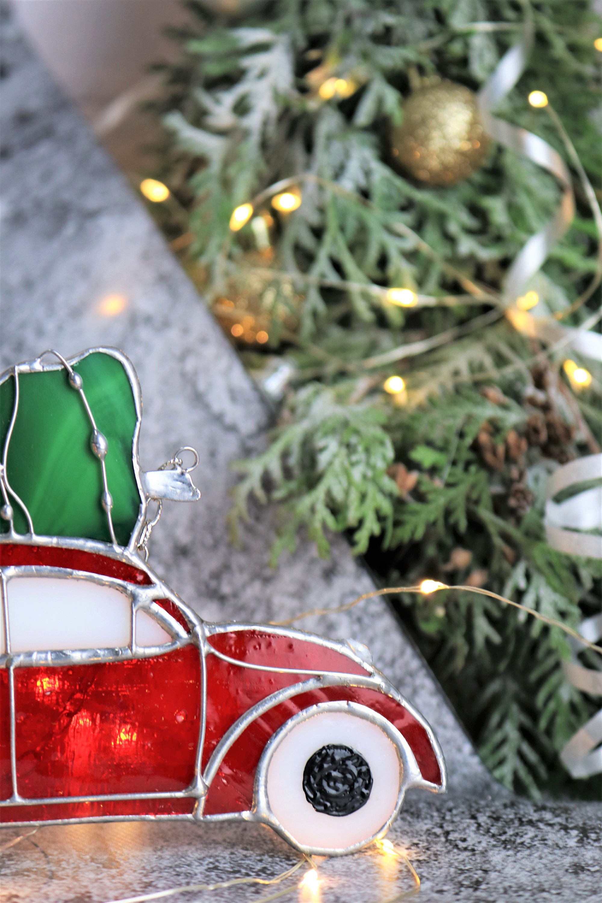 Stained Glass Car and Christmas Tree Decor Hand Made Glass Decor ...