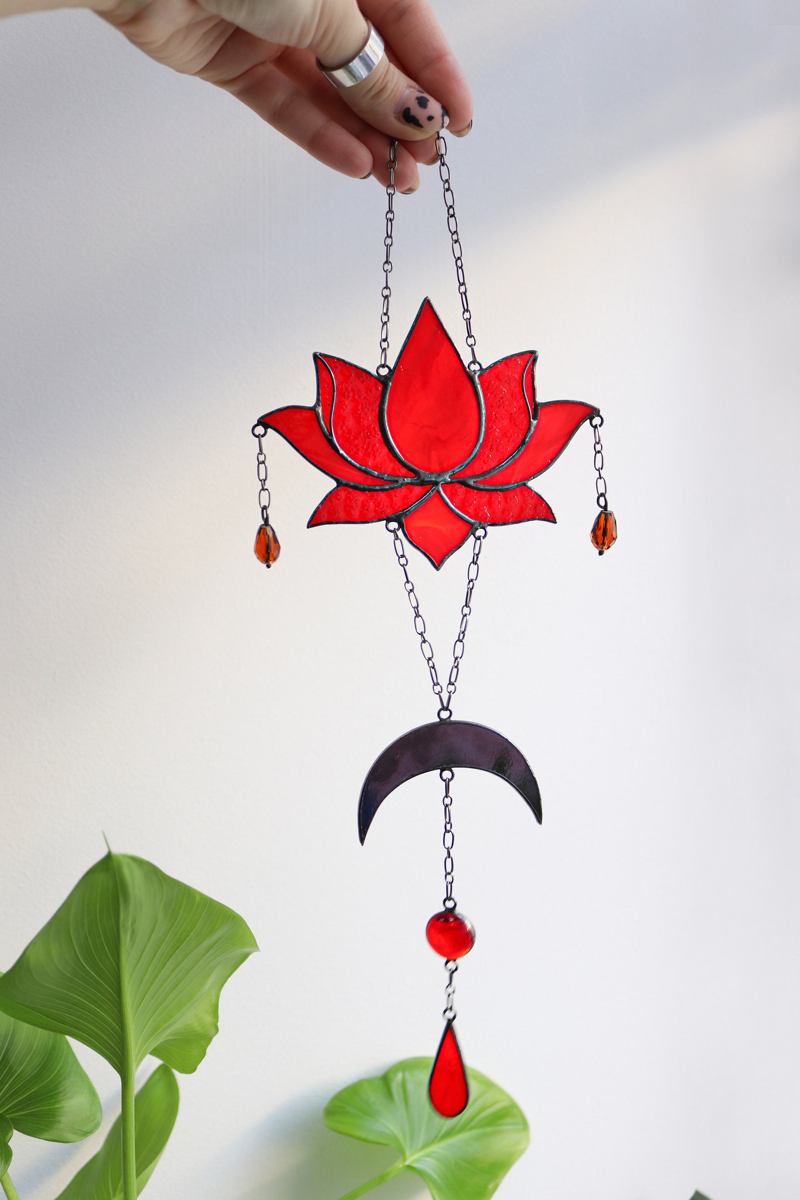 Dreamcatcher Red Lotus With Moon Stained Glass Lotus - Etsy