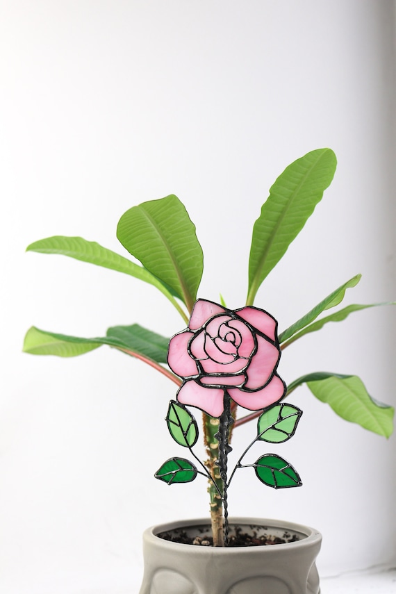 Plant Stake Pink Rose Decor in a Flowerpot Rose Stained Glass | Etsy
