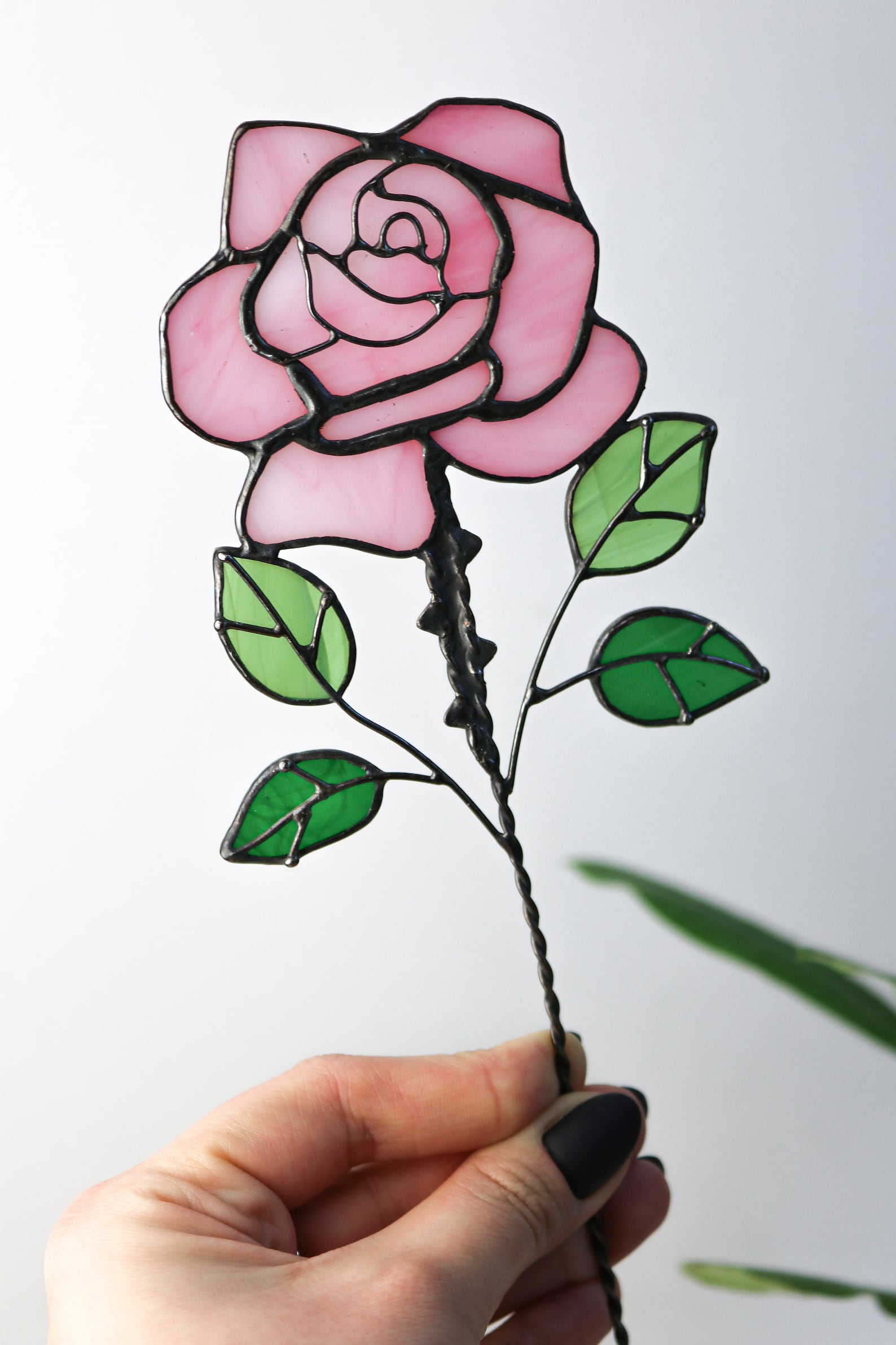 Plant Stake Pink Rose Decor in a Flowerpot Rose Stained Glass | Etsy