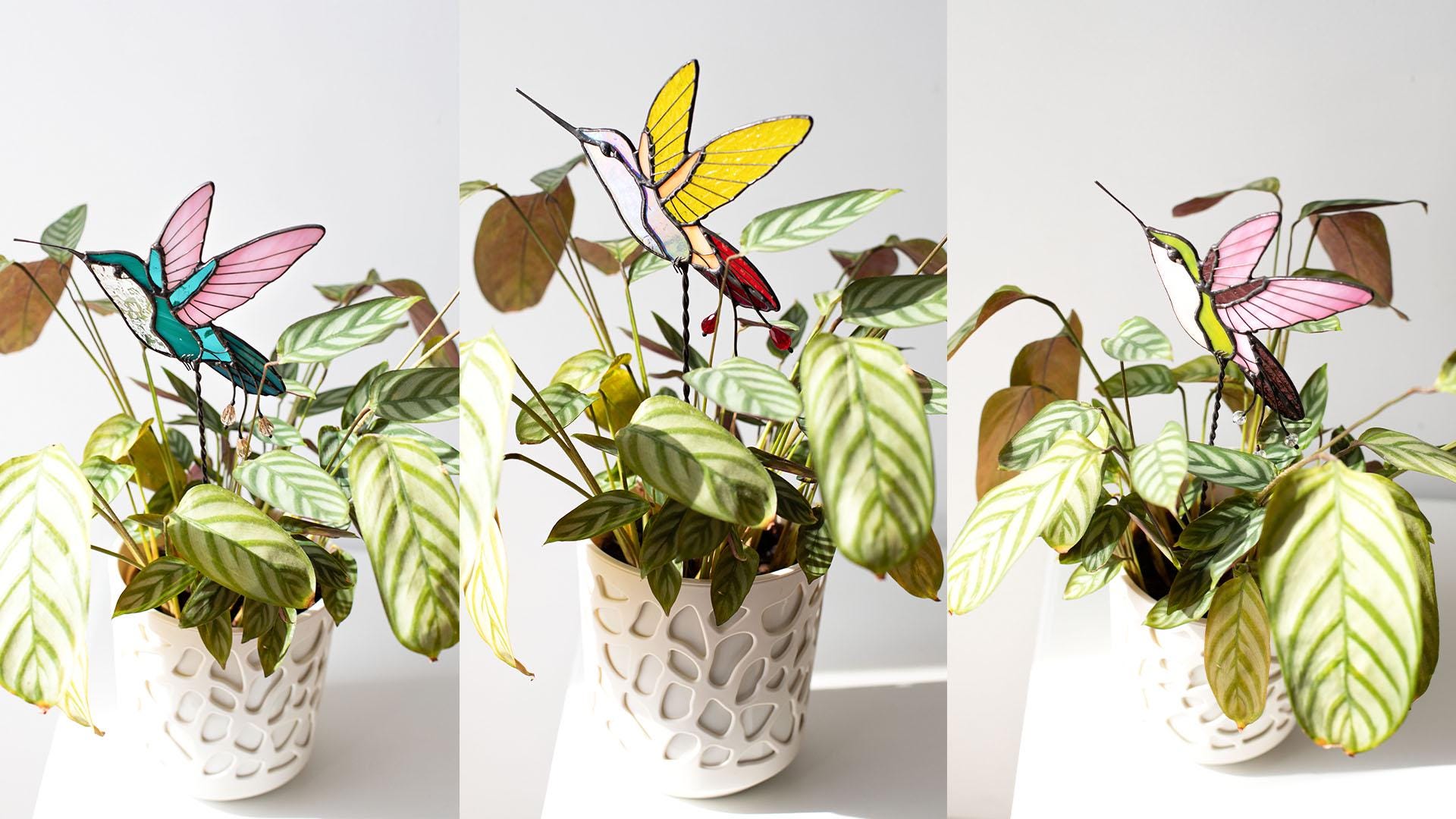 Plant Stake Hummingbird Stained Glass Hummingbird Plant Stakes Garden ...