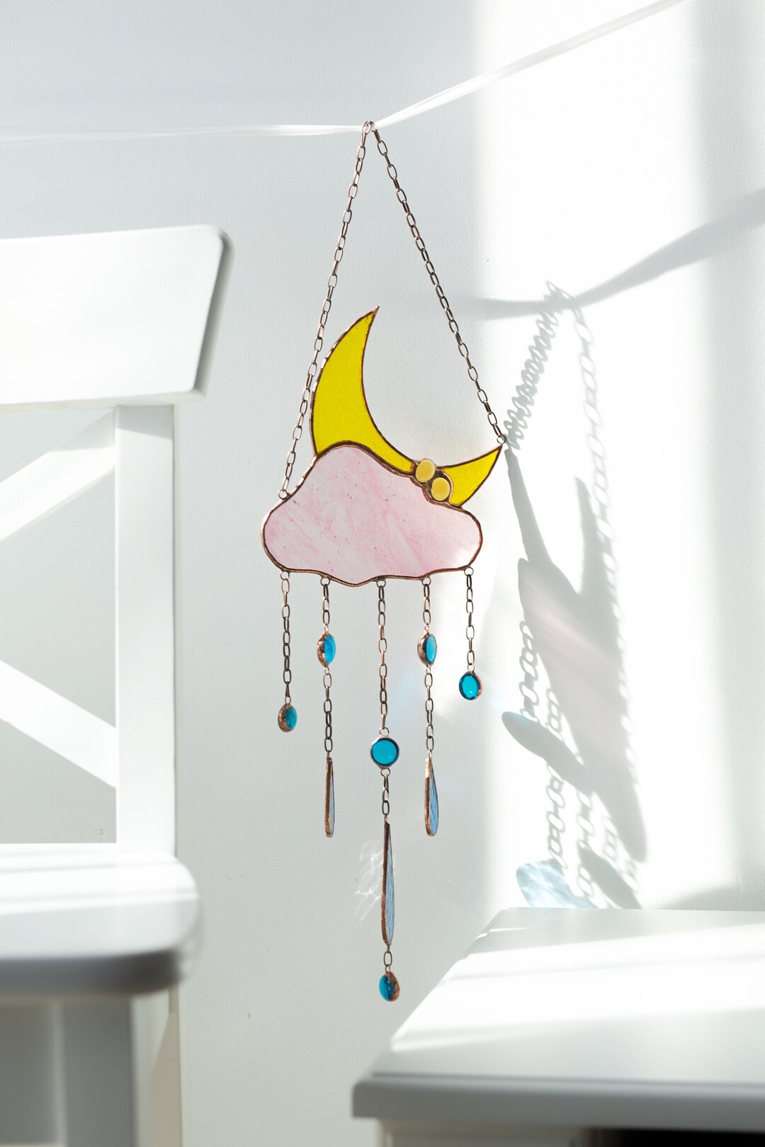 Stained Glass Cloud and Moon With Drops Rain Sun Catcher for Windows ...