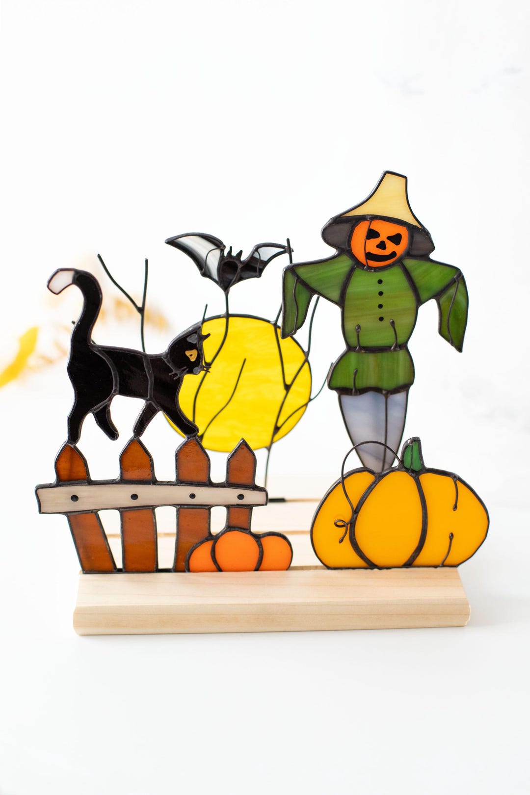 Stained Glass Scarecrow Cat Pumpkin Halloween Decor Stained Glass Art ...