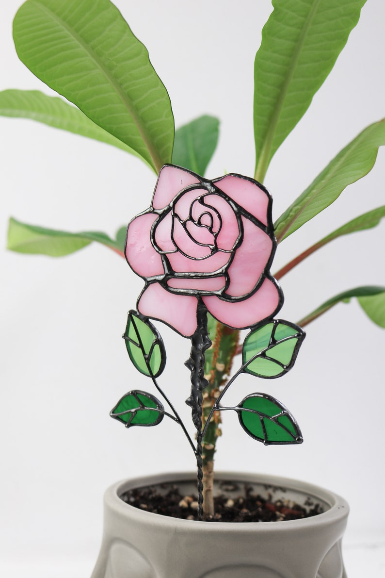 Plant Stake Pink Rose Decor in a Flowerpot Rose Stained Glass | Etsy