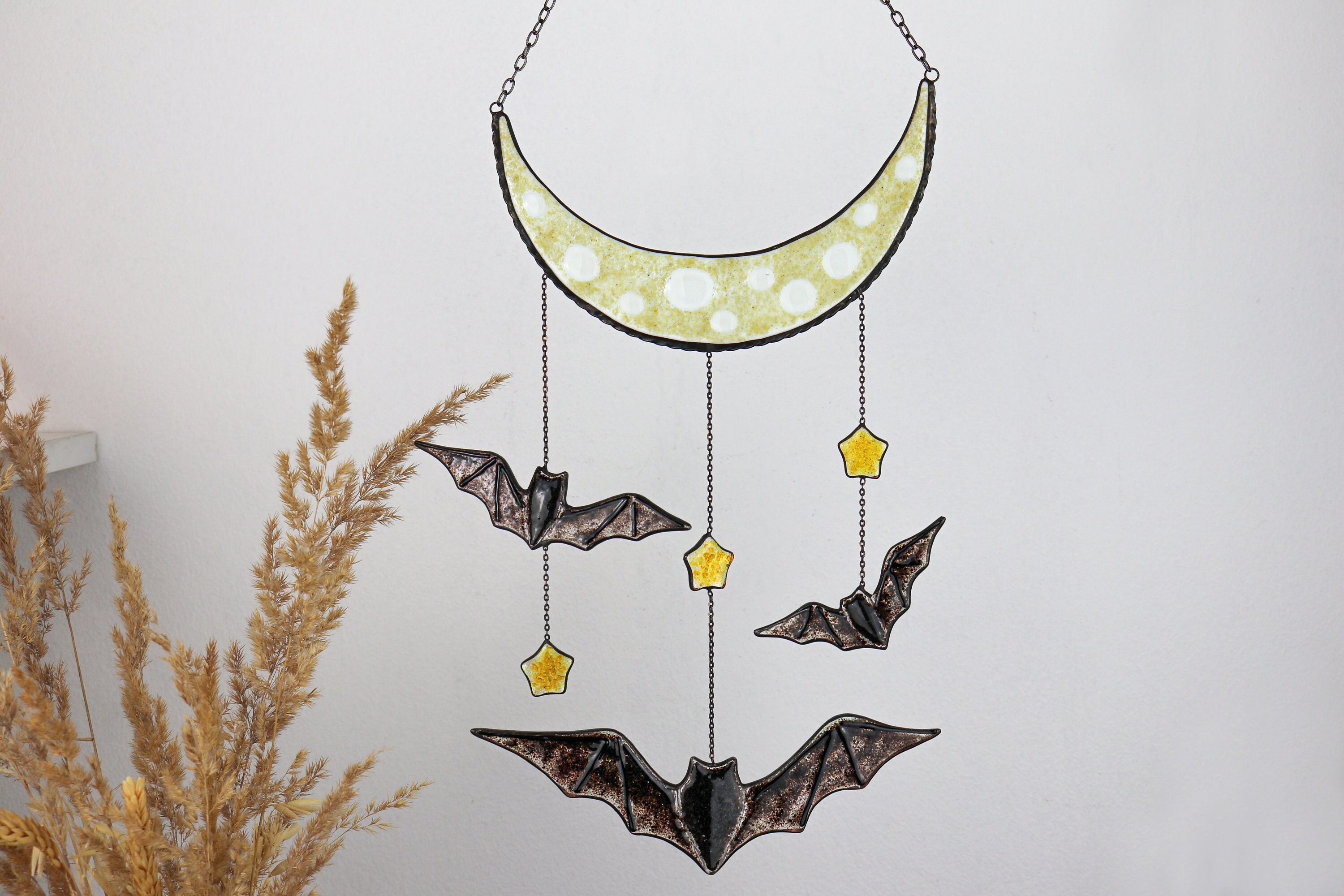 Dreamcatcher Moon With Bats and Stars Stained Glass Bats Suncatcher ...