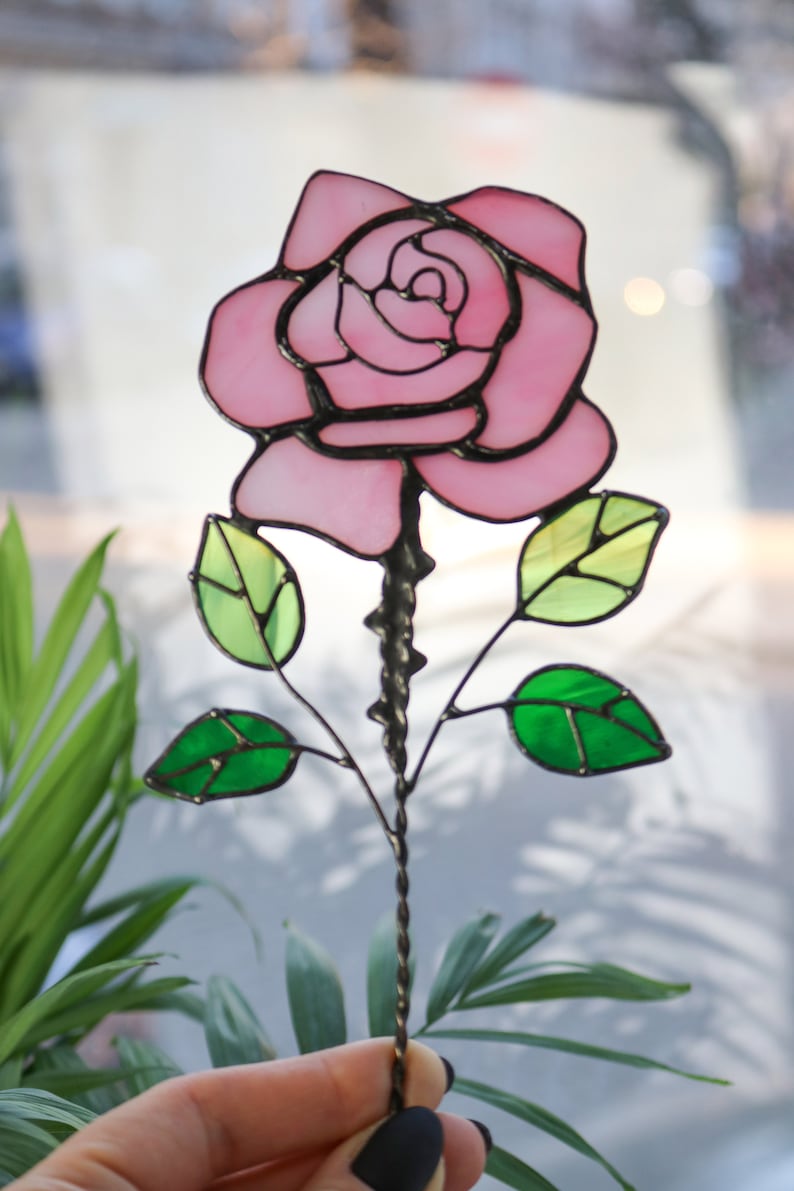Plant Stake Pink Rose Decor in a Flowerpot Rose Stained Glass | Etsy
