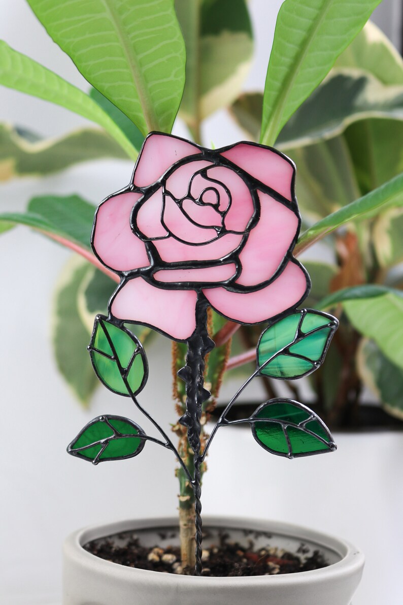 Plant Stake Pink Rose Decor in a Flowerpot Rose Stained Glass | Etsy