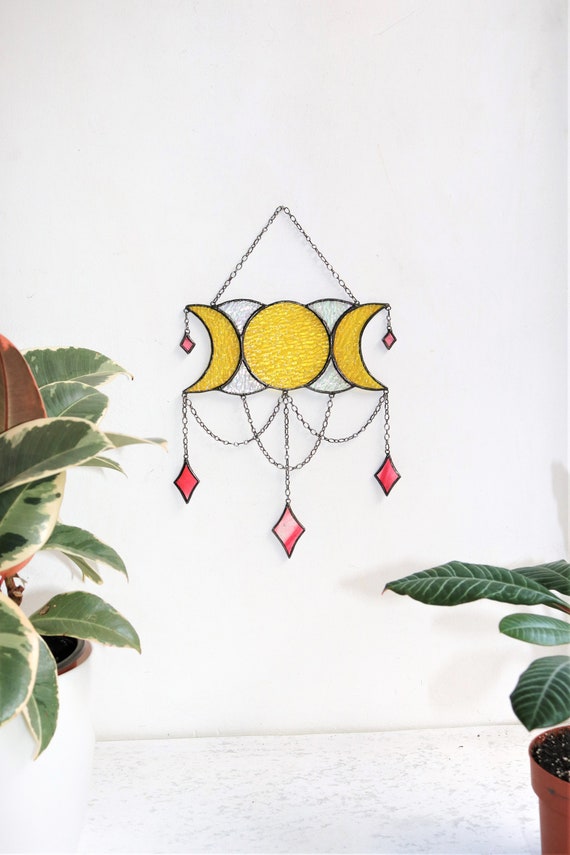 Dreamcatcher Yellow Moon Phases. Stained Glass Window Decor. - Etsy