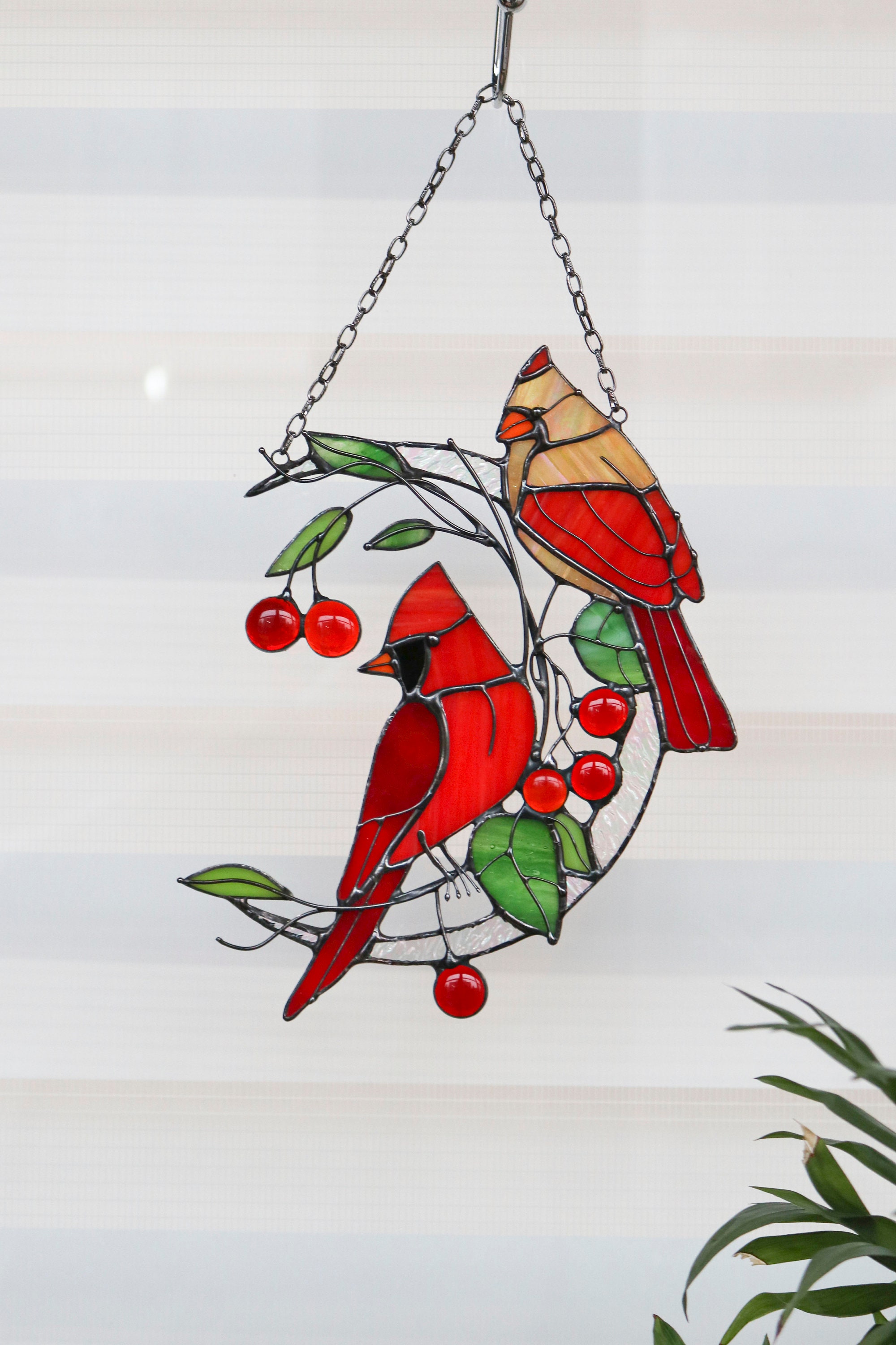Suncatcher Cardinals Birds Moon Cherry Stained Glass Art Wall Home ...