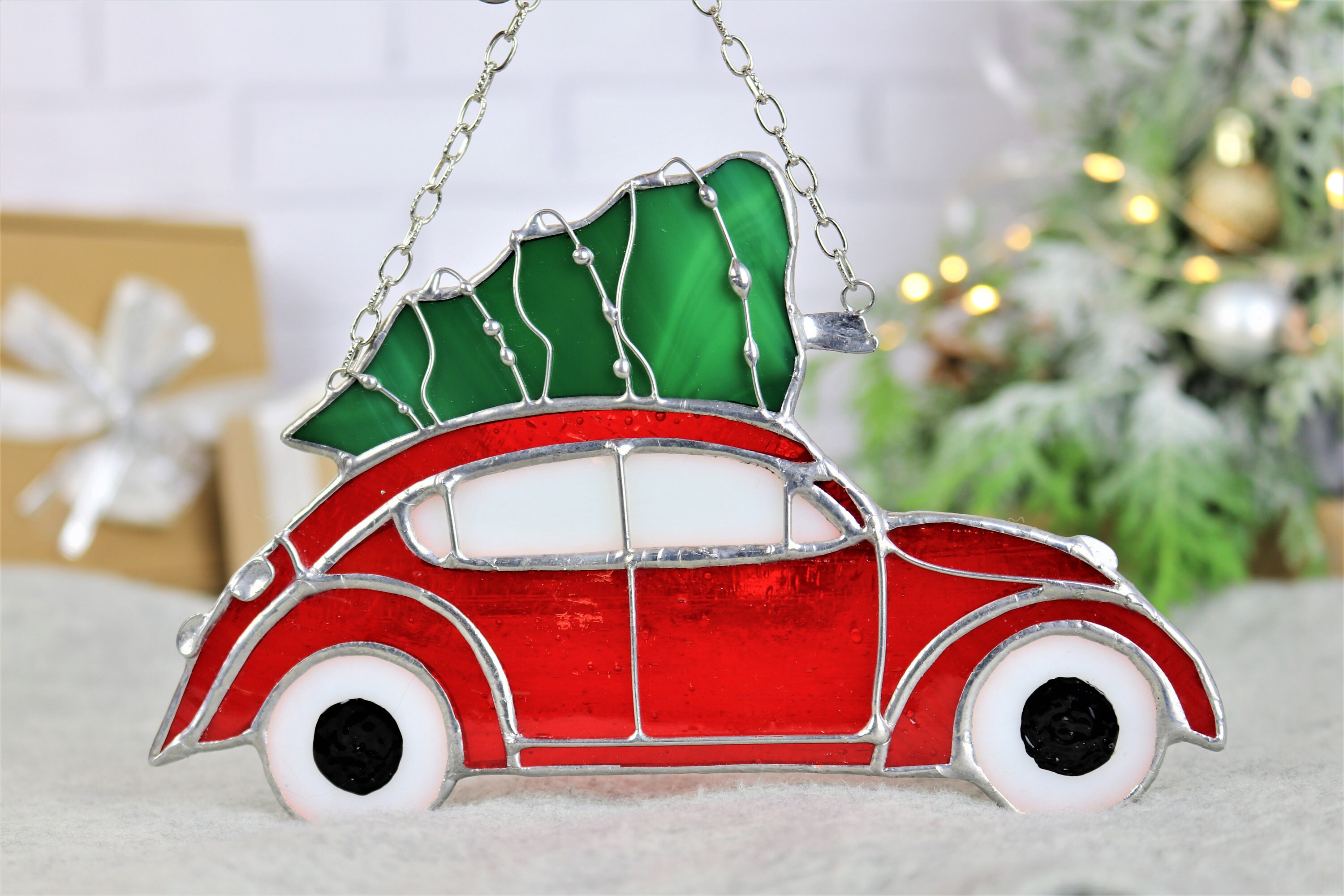 Stained Glass Car and Christmas Tree Decor Hand Made Glass Decor ...