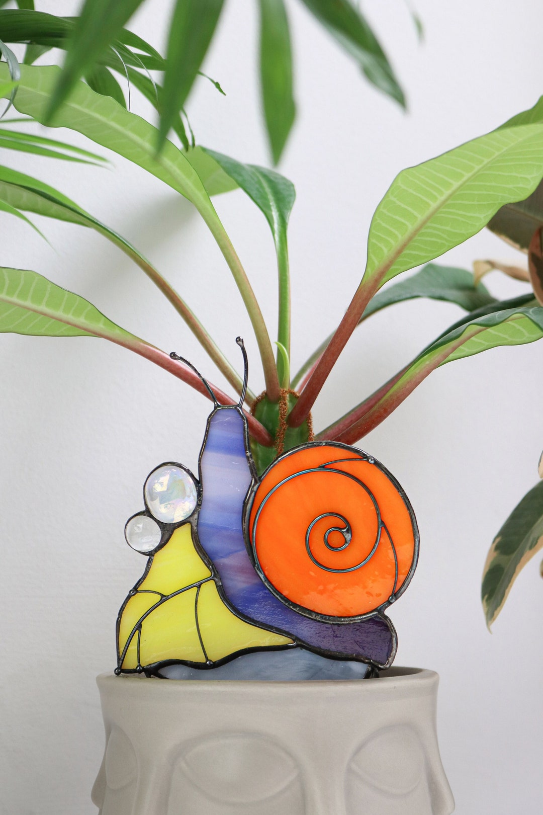 Plant Stake Snail and Leaves Decor in a Flowerpot Snail Stained Glass ...