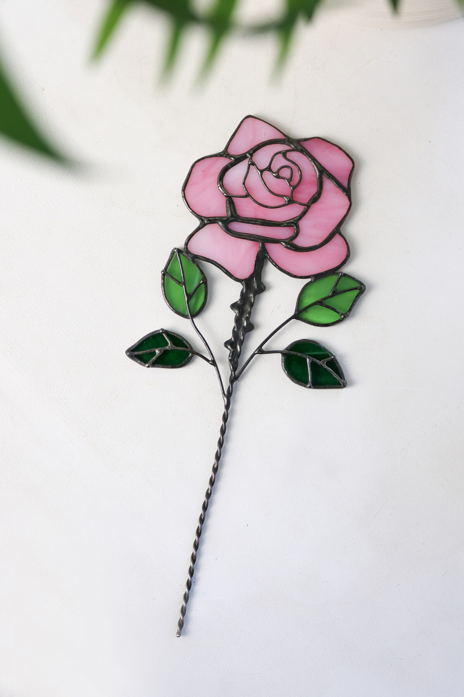 Plant Stake Pink Rose Decor in a Flowerpot Rose Stained Glass | Etsy