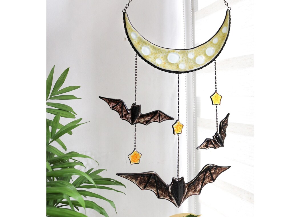 Dreamcatcher Moon With Bats and Stars Stained Glass Bats Suncatcher ...