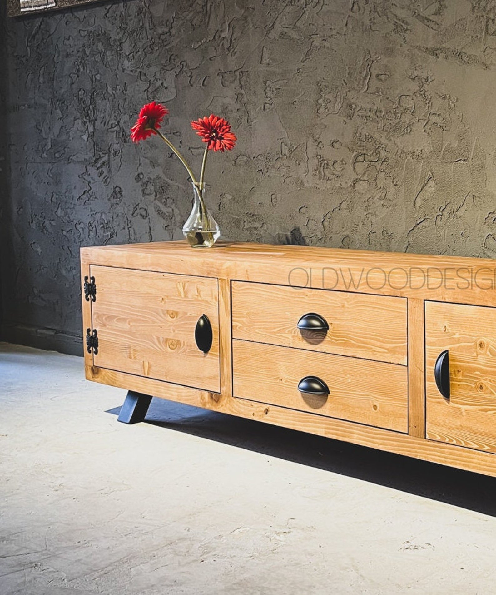 Rustic Pine TV Stand With Industrial Iron Detailing | Contemporary Low ...
