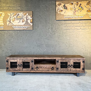 Artisanal Rustic Solid Wood TV Console | Forged Iron Hardware | Mesh ...
