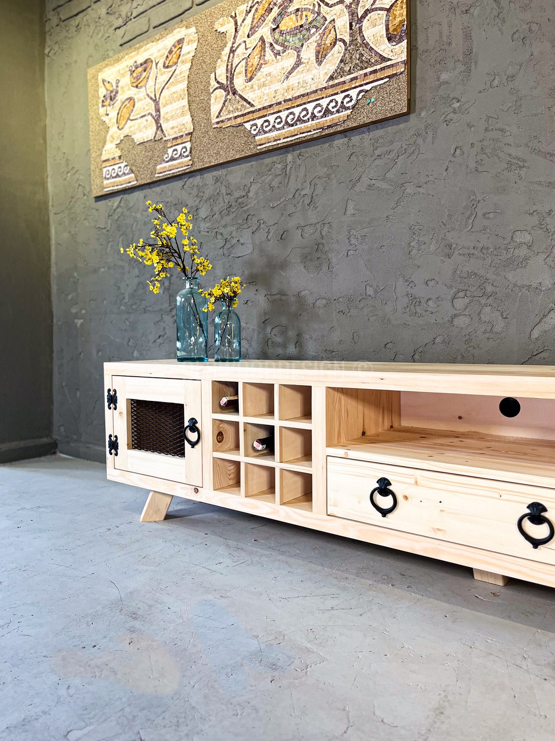 Scandi Wood TV Stand Iron Accents & Wine Storage Mesh Cabinet Doors - Etsy