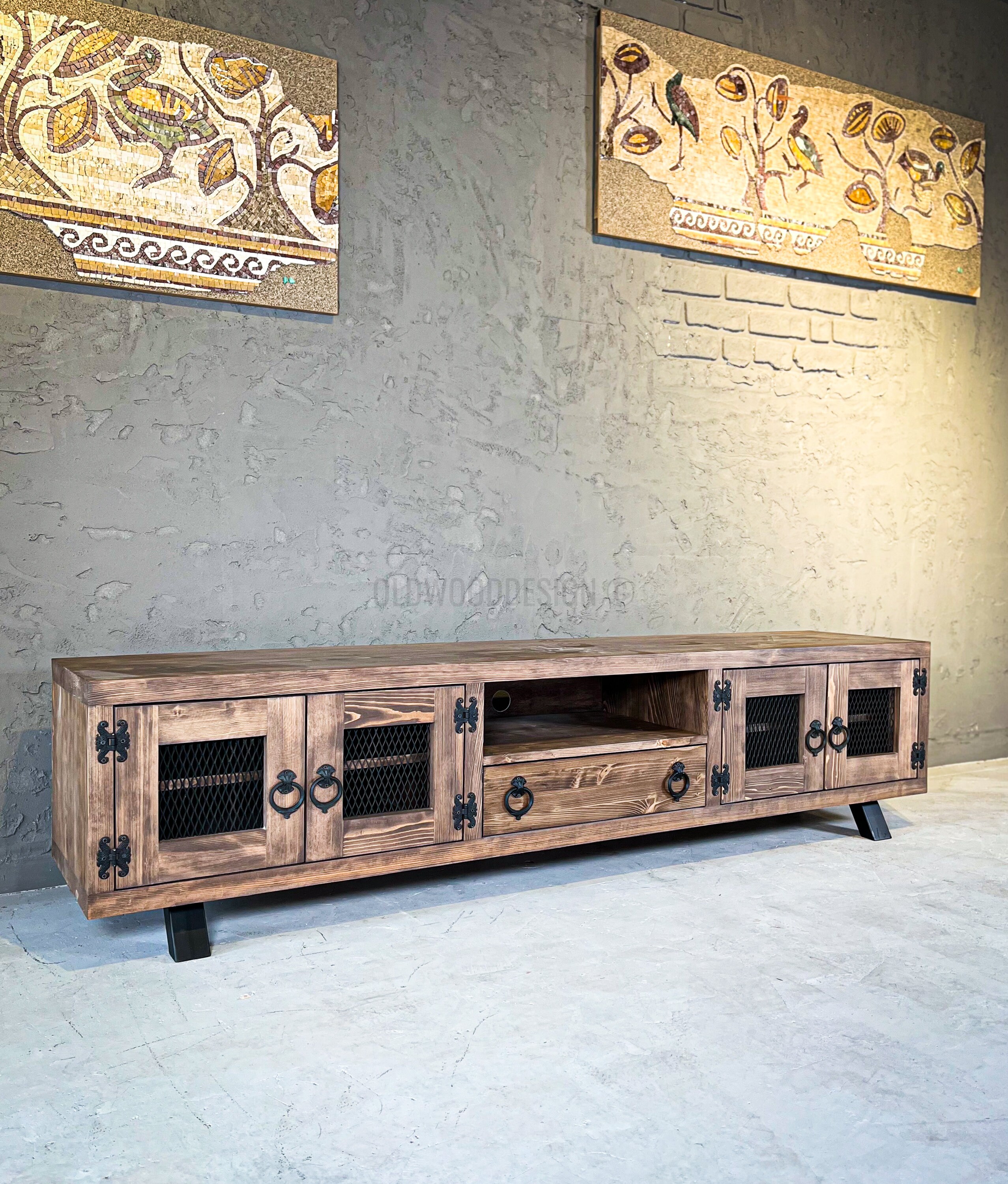Artisanal Rustic Solid Wood TV Console | Forged Iron Hardware | Mesh ...