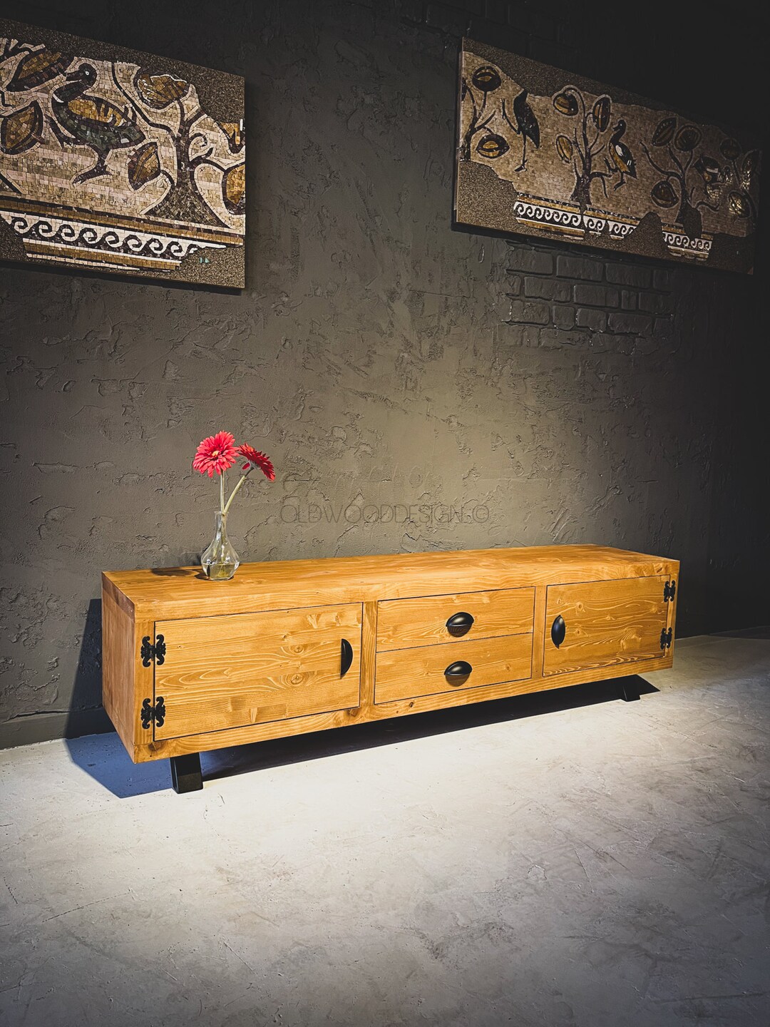 Rustic Pine TV Stand With Industrial Iron Detailing | Contemporary Low ...