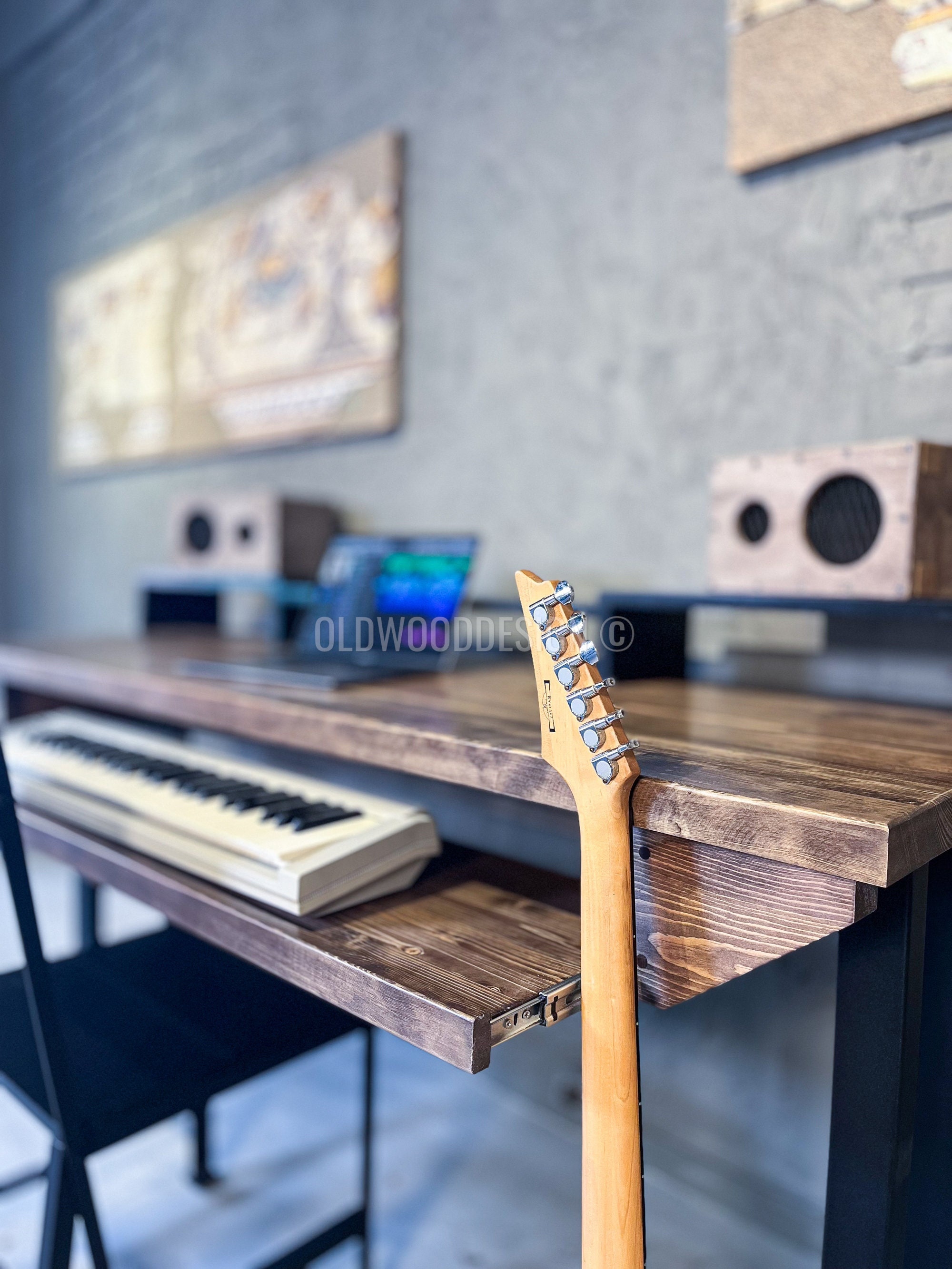 Wood Music Studio Desk With Keyboard Tray Monitor Riser - Etsy