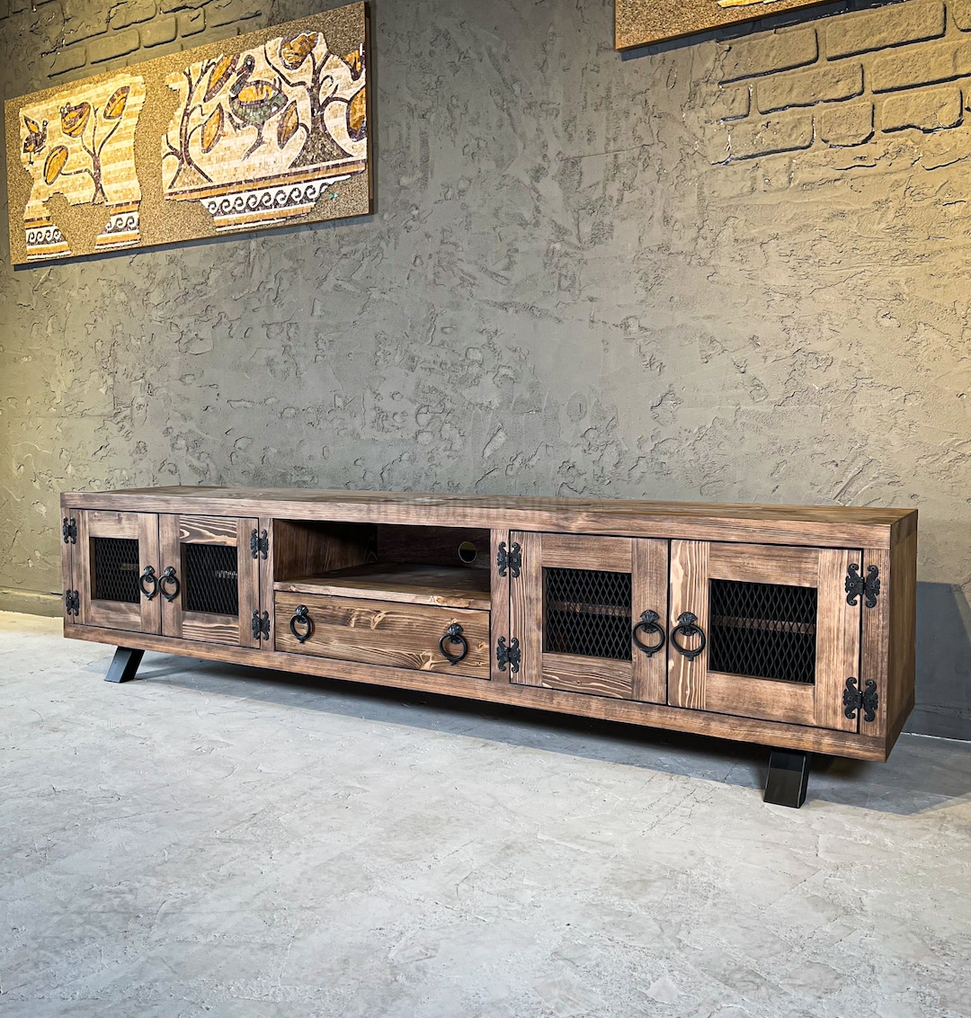 Artisanal Rustic Solid Wood TV Console | Forged Iron Hardware | Mesh ...