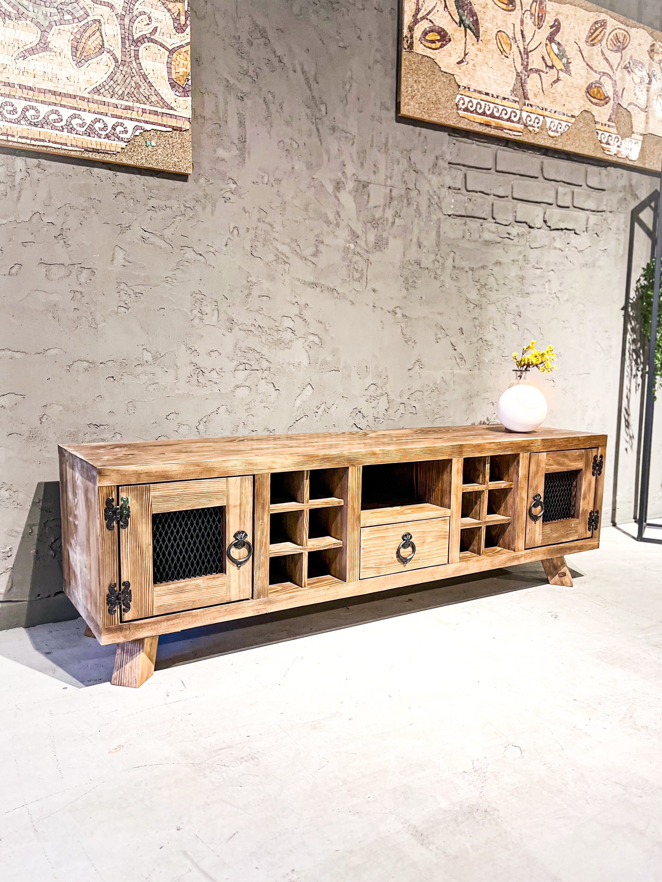 Minimalist Light Wood TV Stand | Iron Accents & Wine Storage | Modern ...