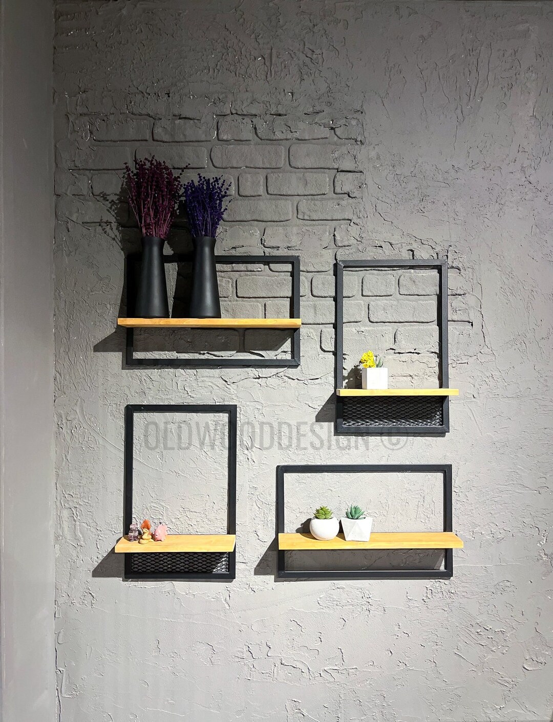 Metal Frame Set With 4 Shelves, Decorative Steel Wooden Shelves ...