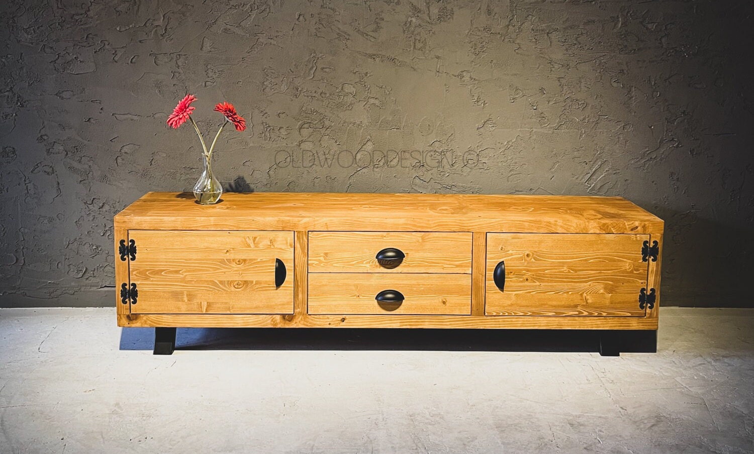 Rustic Pine TV Stand With Industrial Iron Detailing | Contemporary Low ...